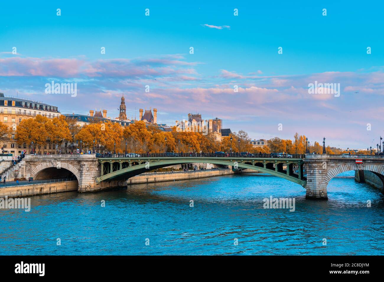 View on Siene river, Notre Dame bridge and Hotel de Ville. Autumn city ...