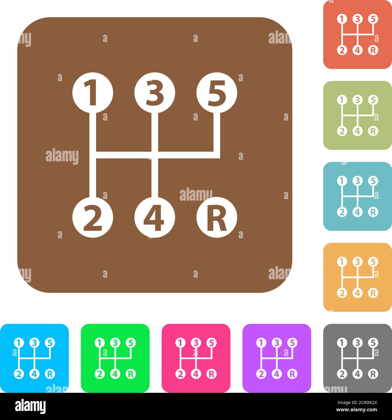 five speed manual gear shift flat icons on rounded square vivid color ...