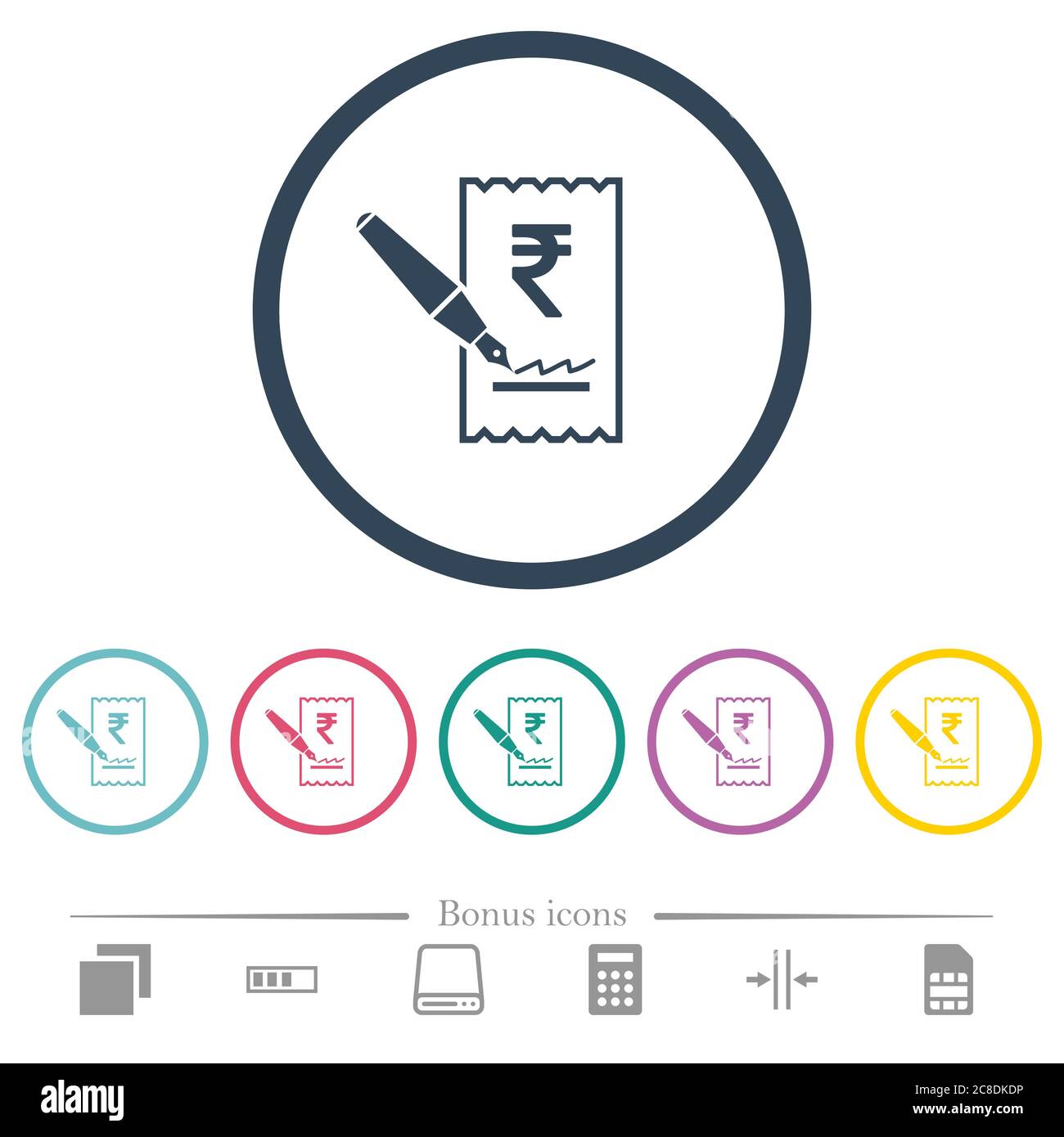 Signing Rupee cheque flat color icons in round outlines. 6 bonus icons ...