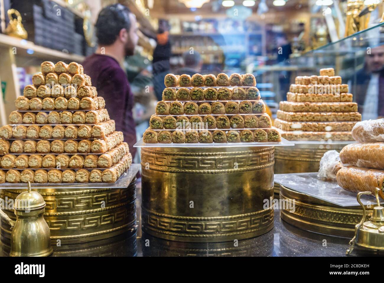 Lebanese sweets on a shop window in Hamra neighborhood of Beirut ...