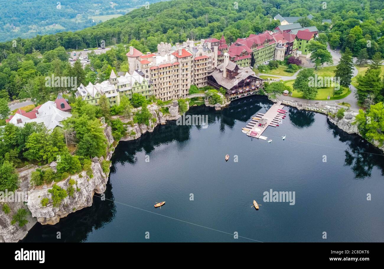 Mohonk Mountain House with Sky Top Tower Aerial view in summer Stock ...