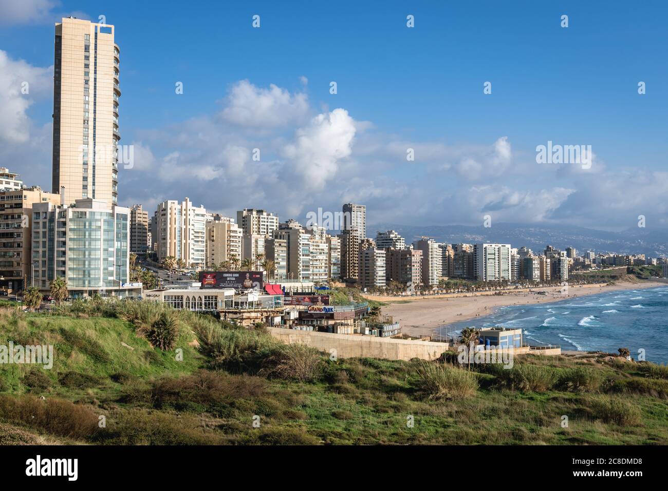 Aerial view with Ramlet al Baida public beach situated along the ...
