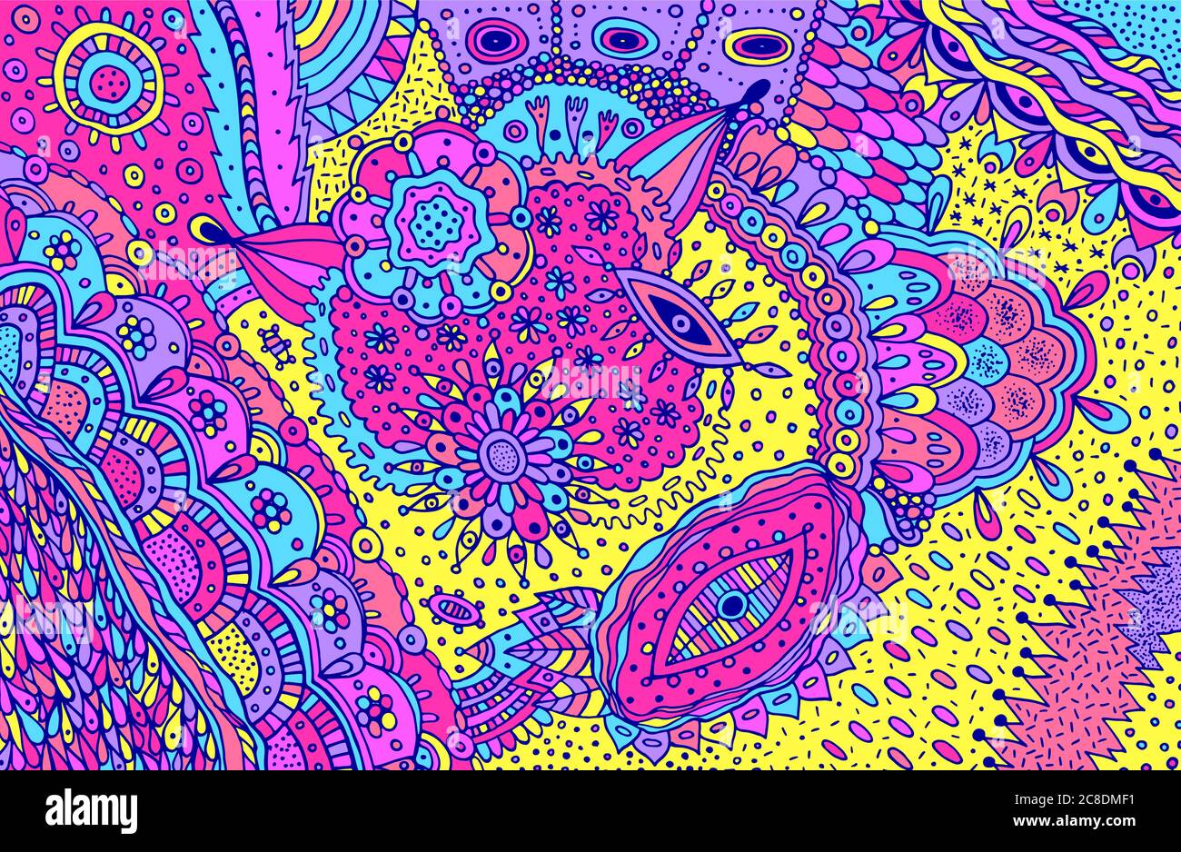 Neon trippy colorful doodle outline abstract pattern.Floral boho ...