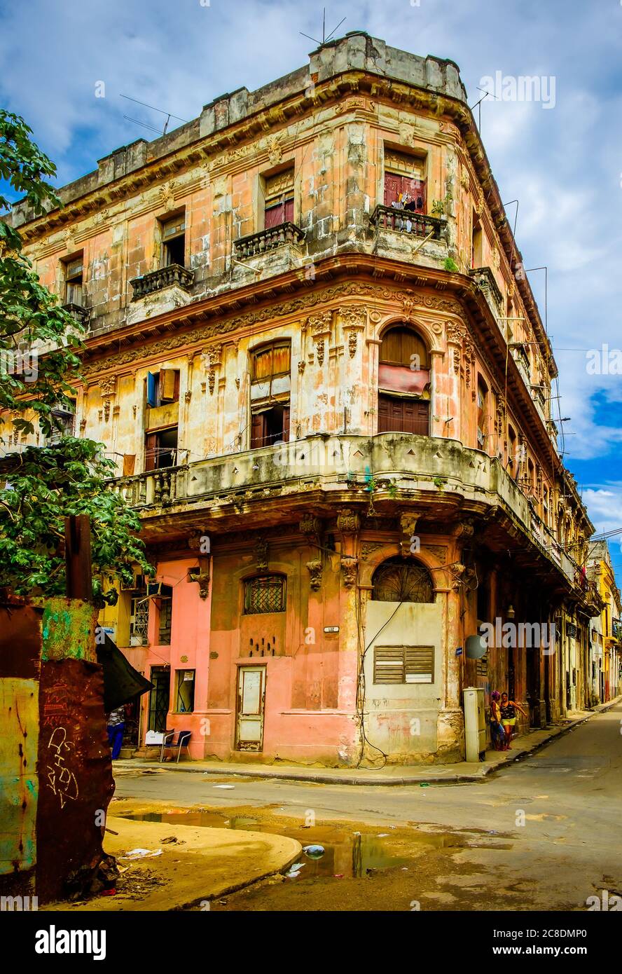 Havana, Cuba, July 2019, view at the corner of Calle Luz and Calle St ...