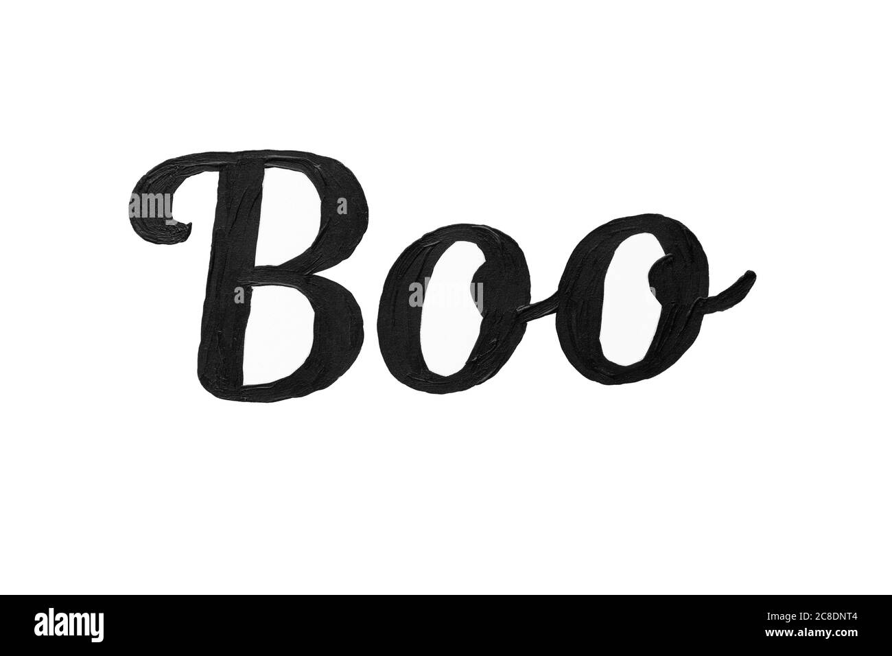 Boo. Painted lettering black oil paint on a white background, isolate ...