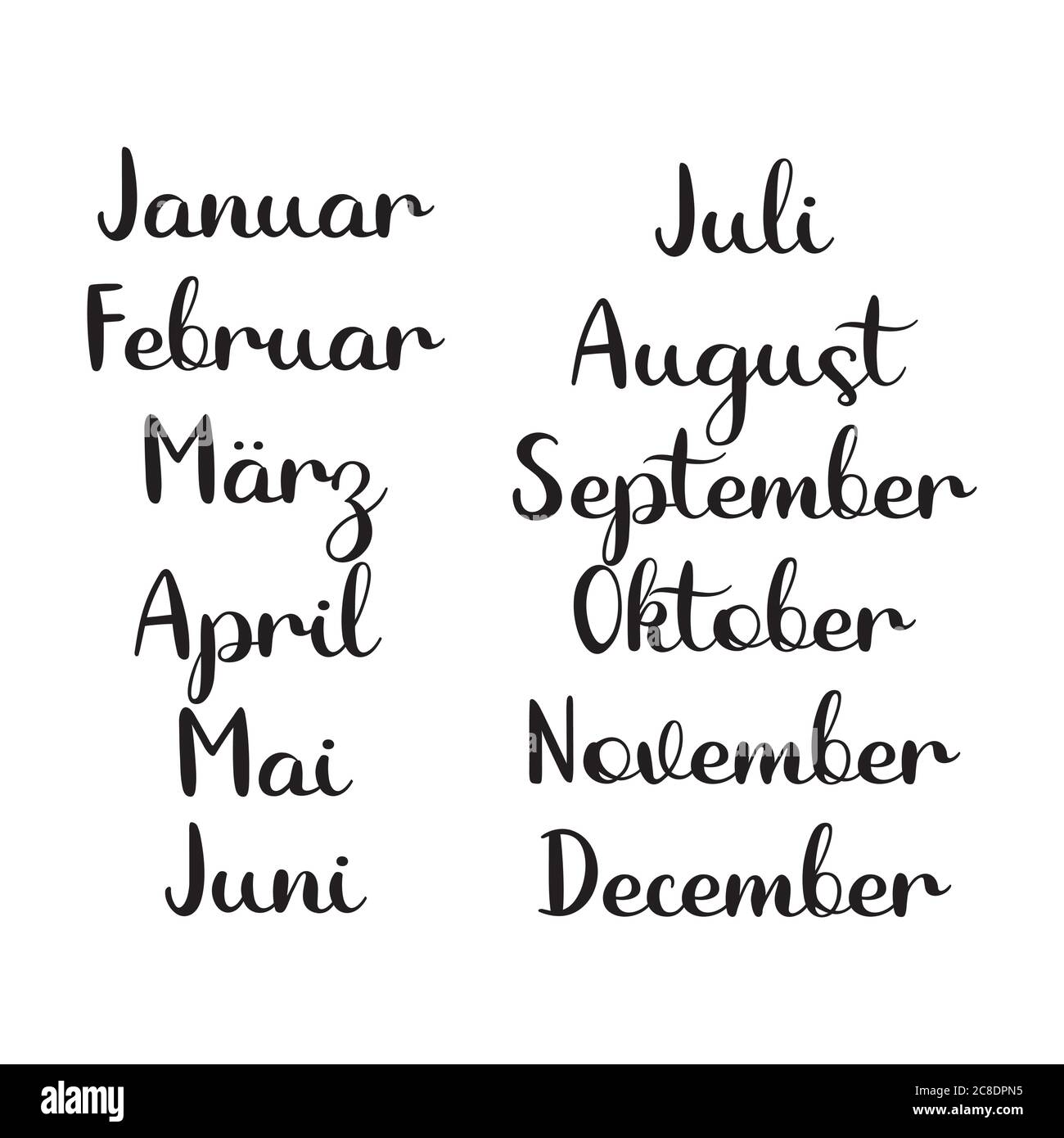 Hand Lettered Months of the Year Set in German. Lettering for Calendar ...