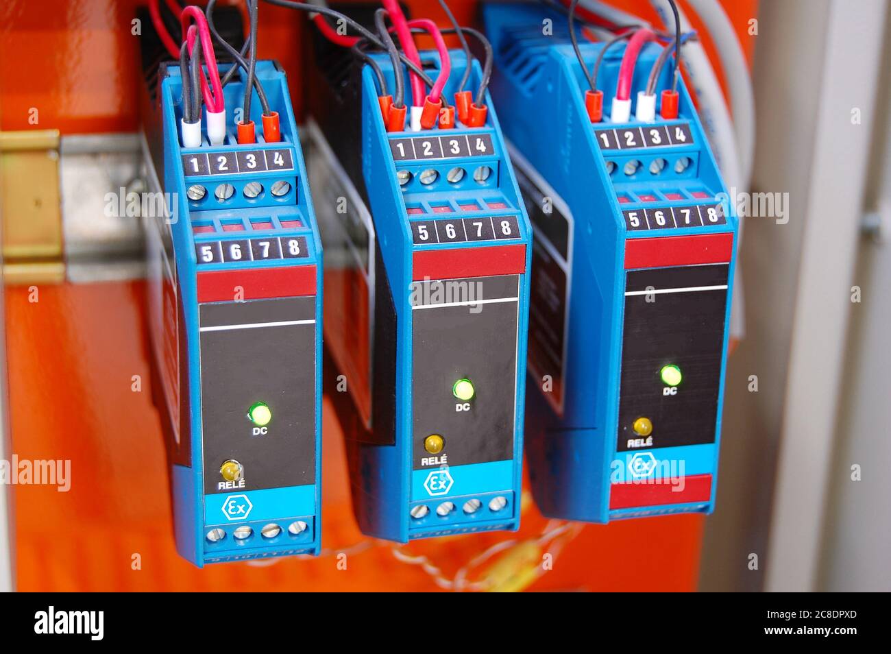 Electrical equipment. Automatic circuit breakers in a row. Electric ...