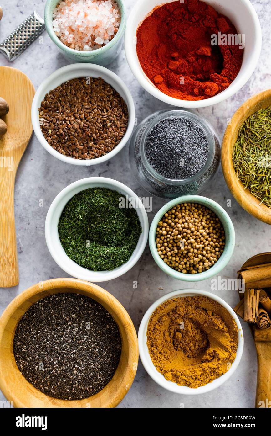 Bowls of assorted spices Stock Photo - Alamy