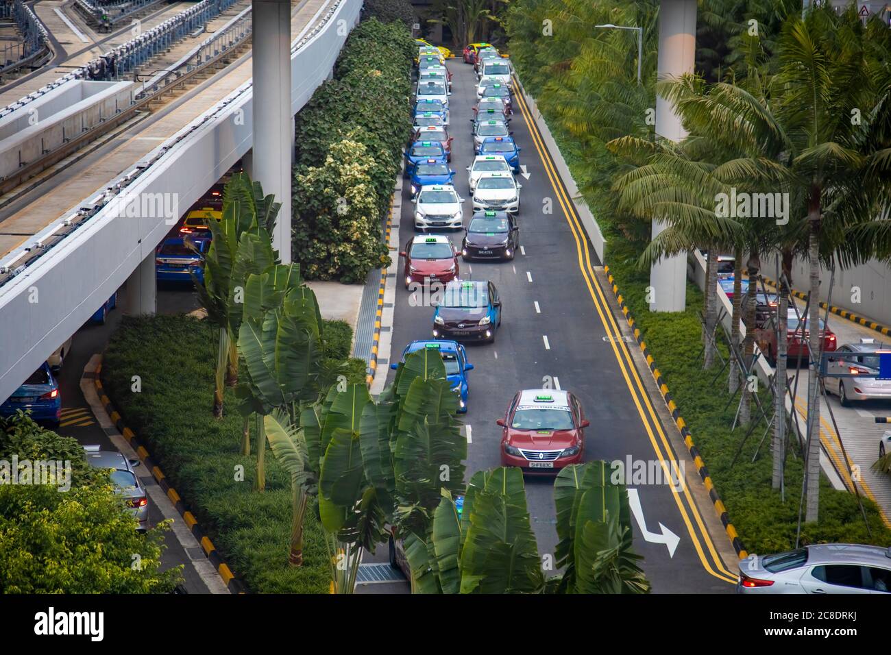SINGAPORE - MARCH 3, 2020: traffic jam queue of taxi cars at changi ...