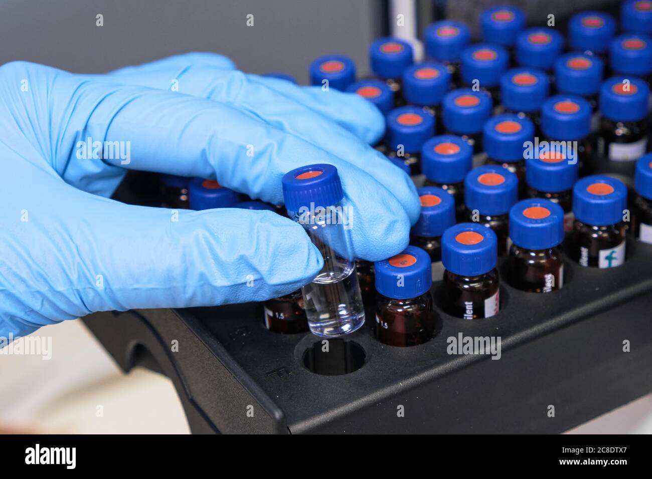 Close Up Woman Hand In A Rubber Gloves Put Sample In A Glass Vial With Blue Cap Into The close-up-woman-hand-in-a-rubber-gloves-put-sample-in-a-glass-vial-with-blue-cap-into-the