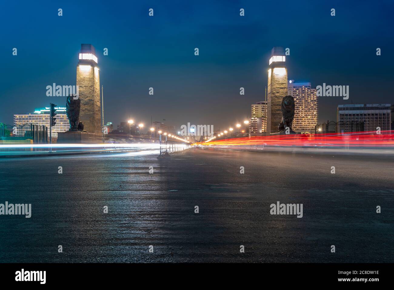 Egypt, Cairo, Kasr El Nile bridge with light trails at night Stock ...