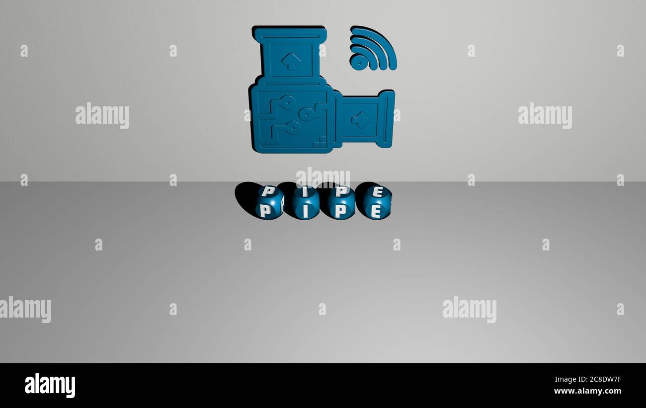 3D illustration of pipe graphics and text made by metallic dice letters ...