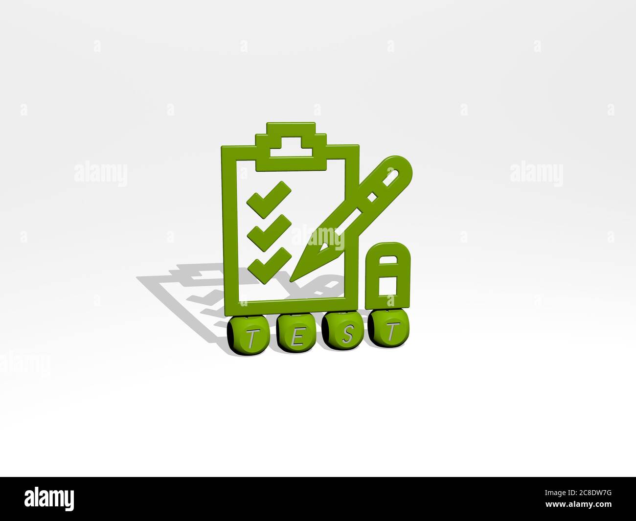 3D illustration of test graphics and text made by metallic dice letters ...