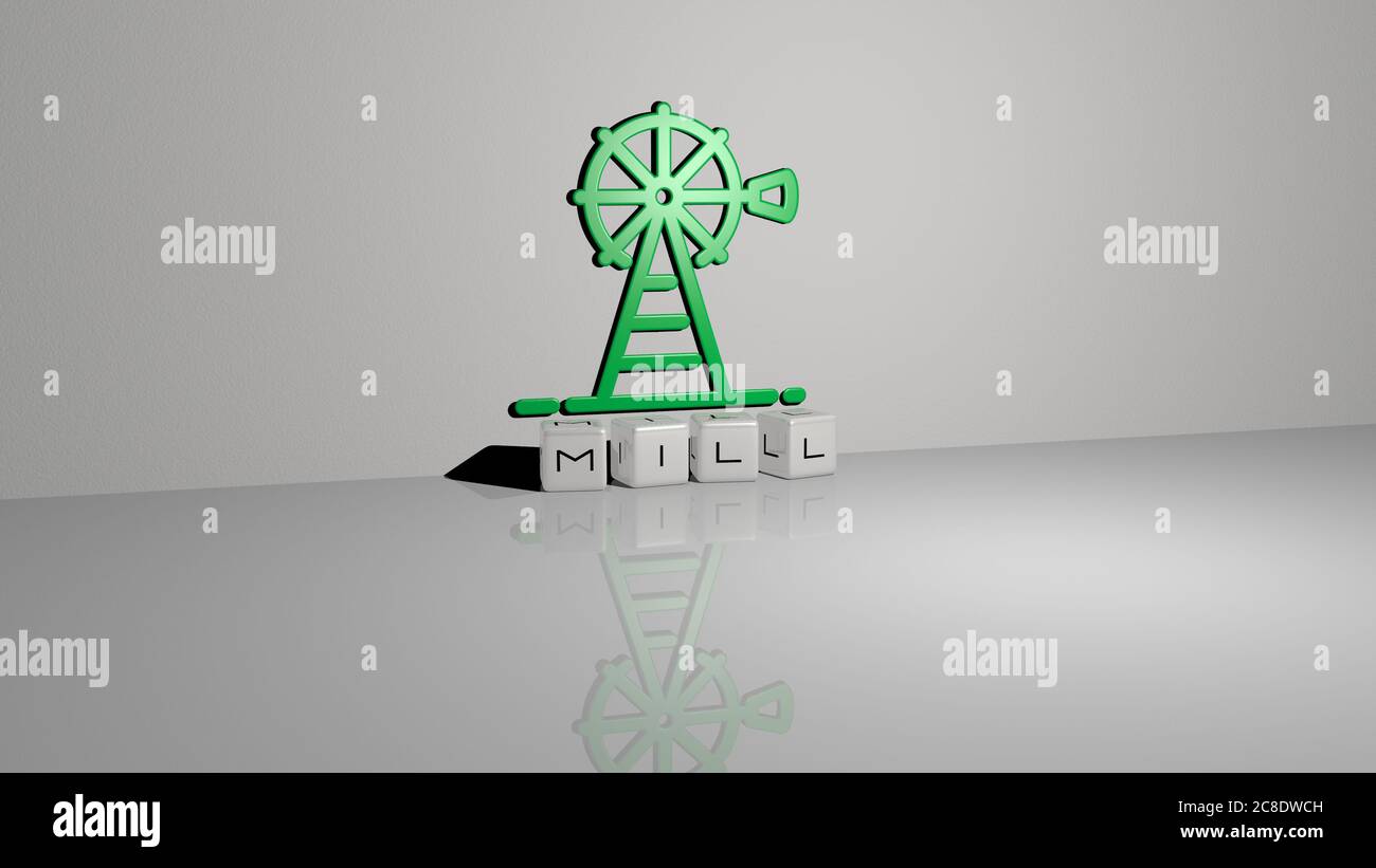3D representation of mill with icon on the wall and text arranged by ...