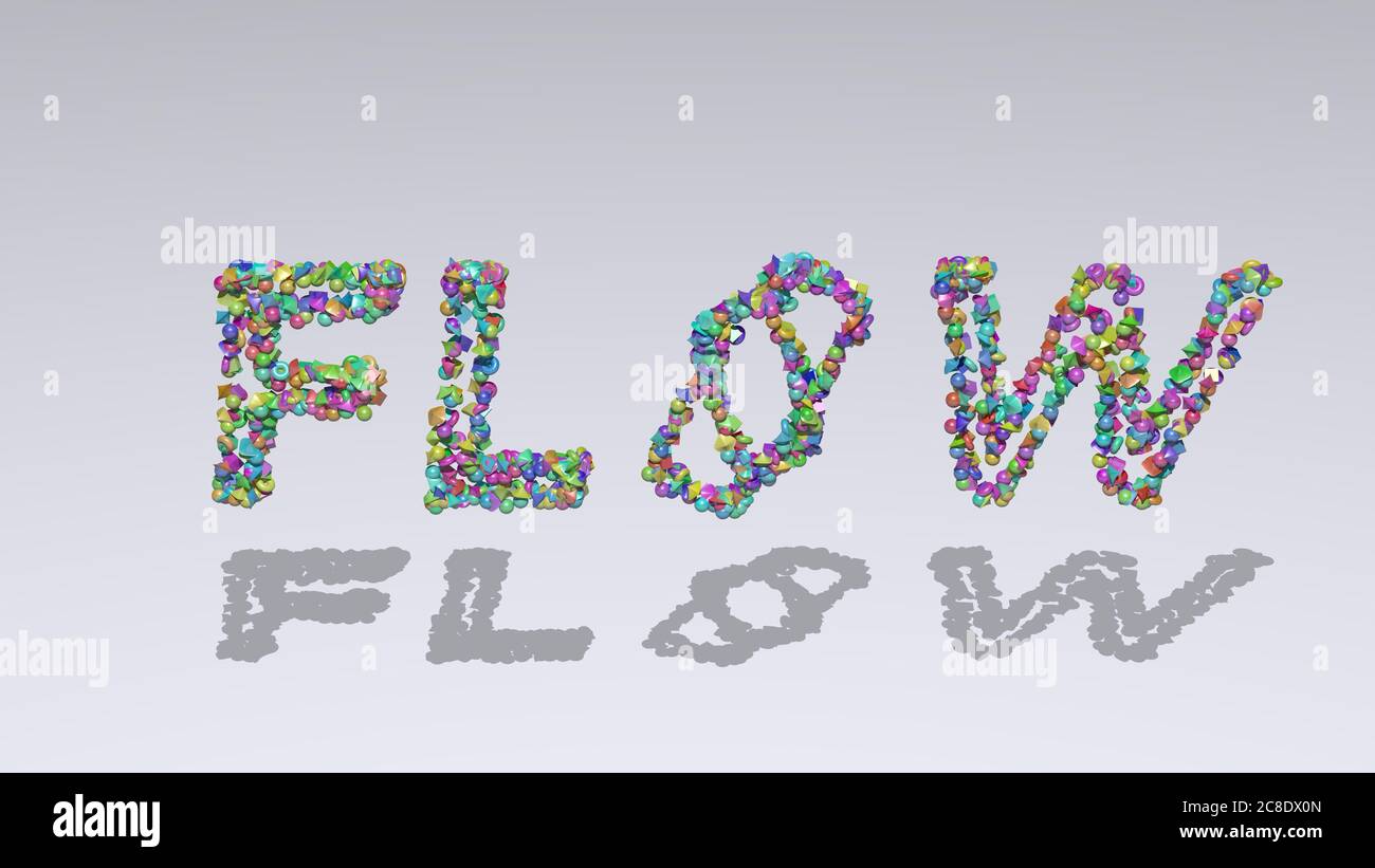 Colorful 3D writting of FLOW text with small objects over a white ...