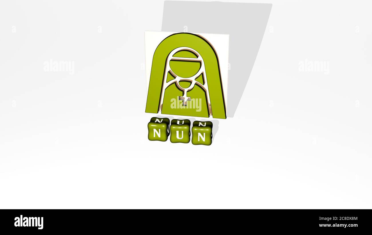 3D illustration of NUN graphics and text made by metallic dice letters ...