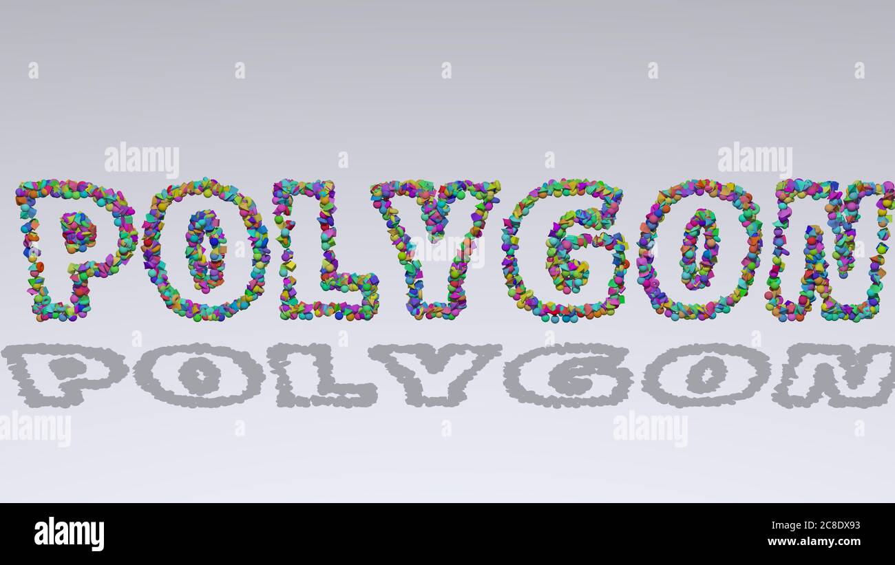 polygon written in 3D illustration by colorful small objects casting ...
