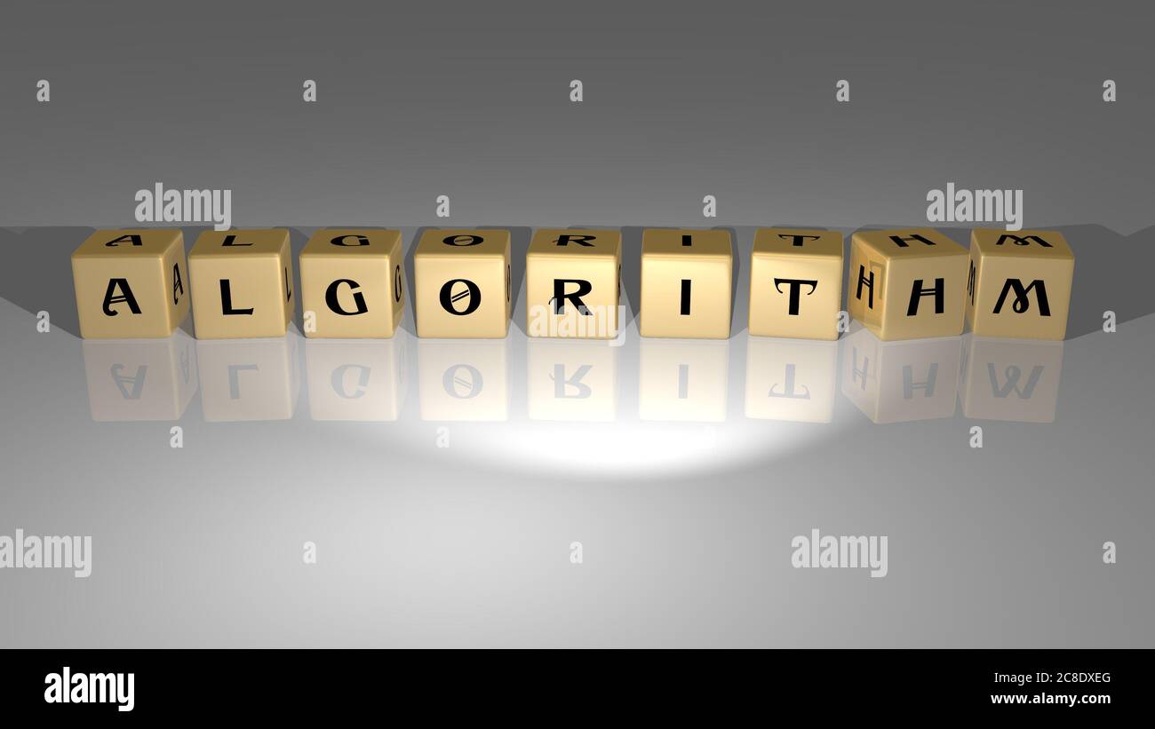 3D illustration of Algorithm graphics and text made by metallic dice ...