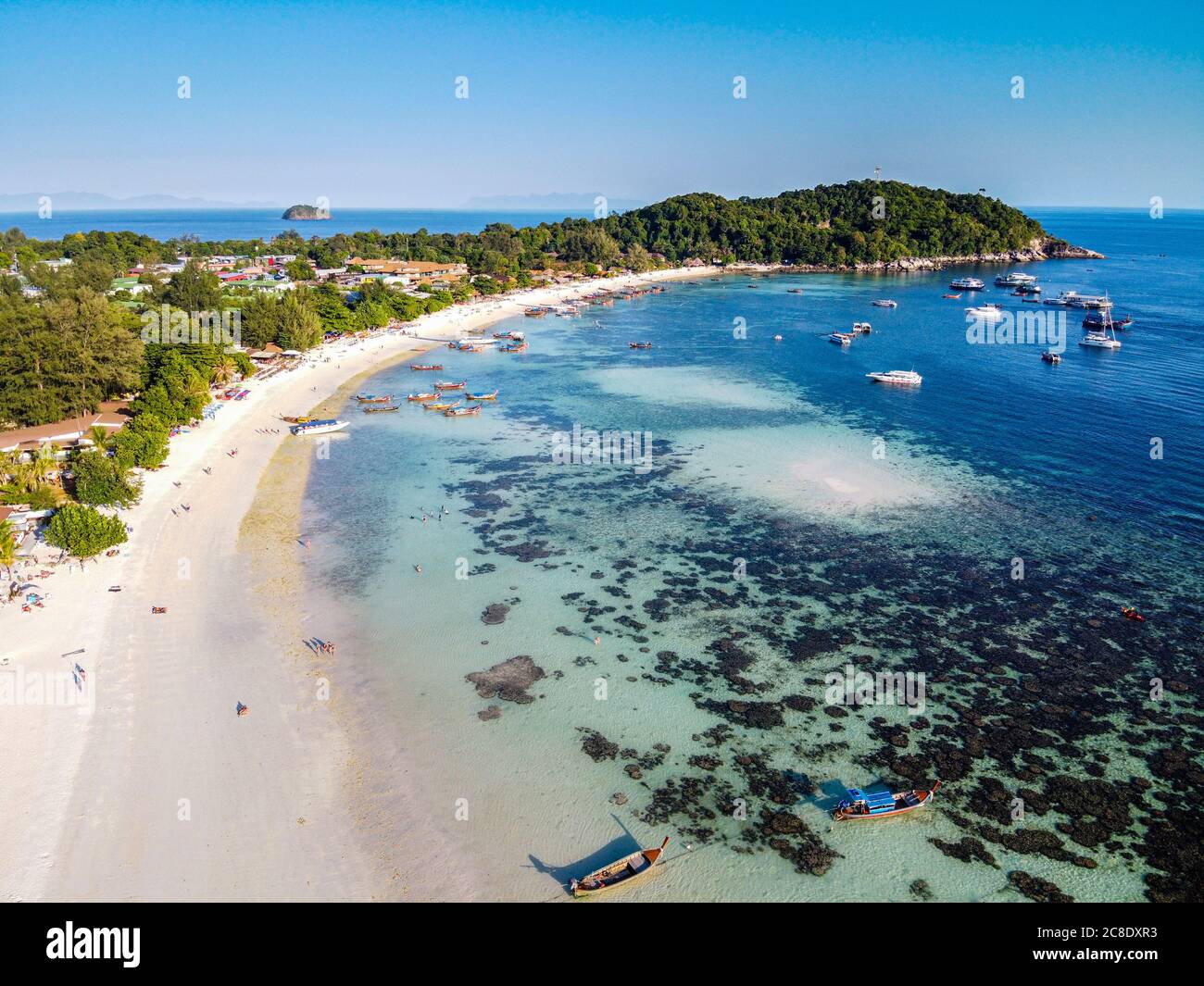 Thailand, Satun Province, Ko Lipe, Aerial view of Pattaya Beach in ...