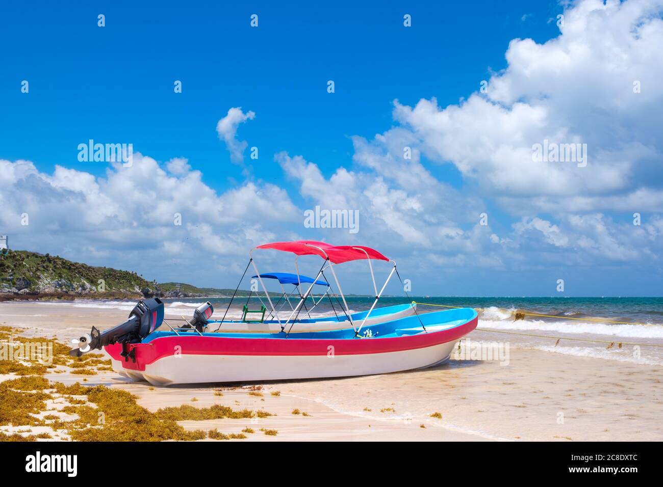 Fishing boat on the beach at Tulum on the Mayan Riviera in Mexico Stock ...