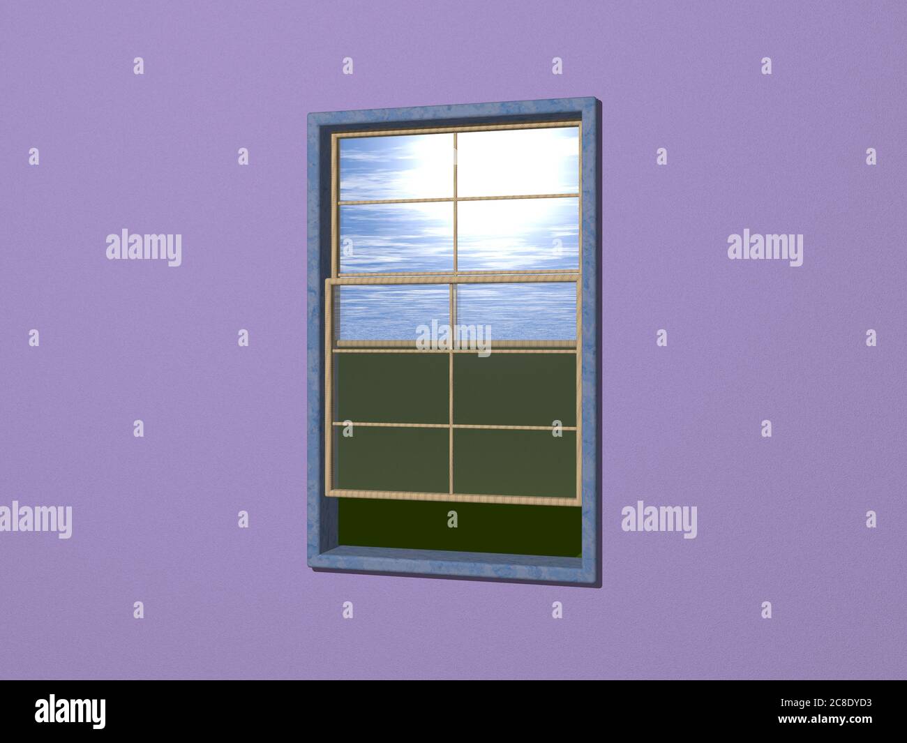 Open sash window from MEDIUM PURPLE wall viewing outside lawn with ...