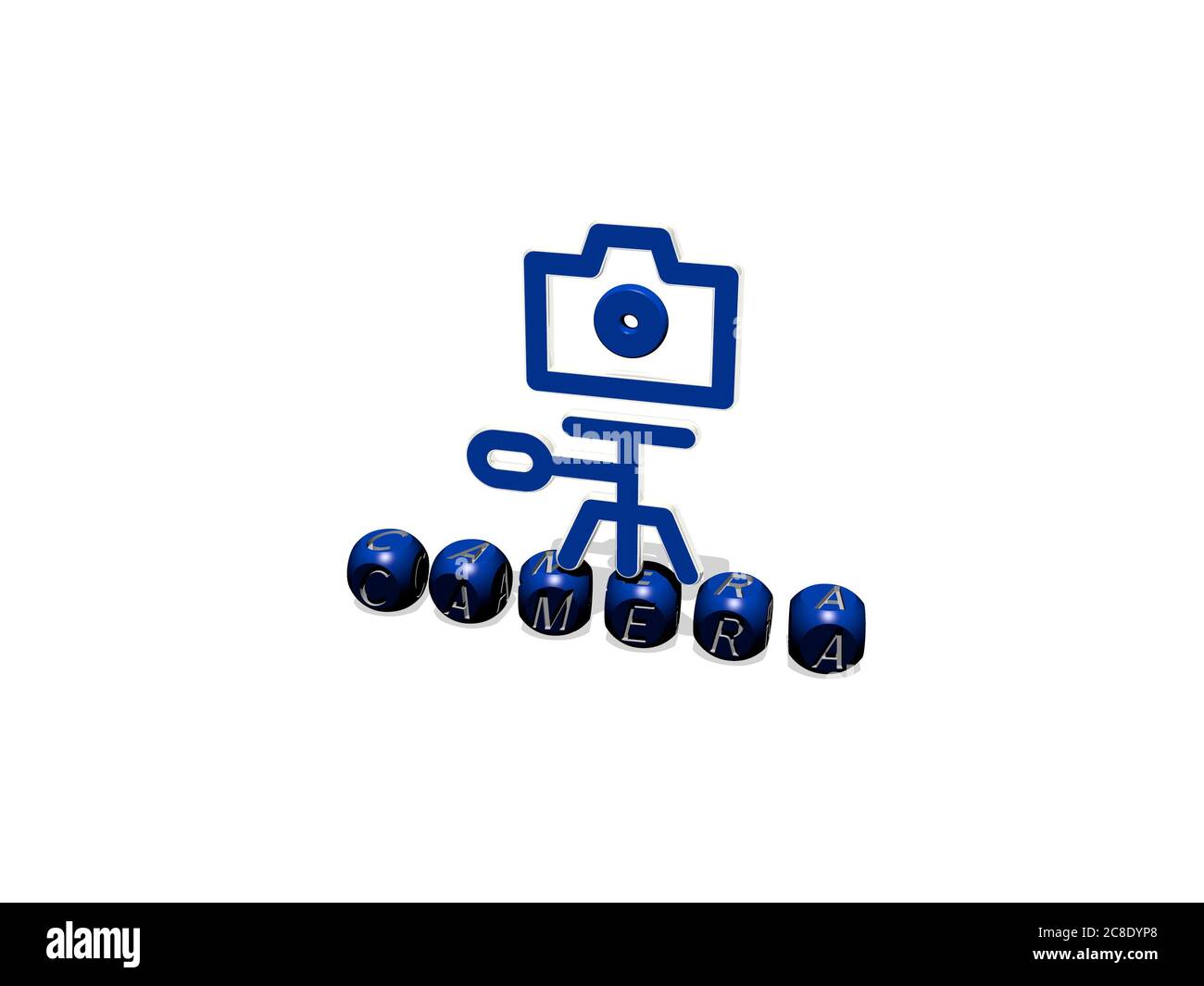 3D illustration of camera graphics and text made by metallic dice ...