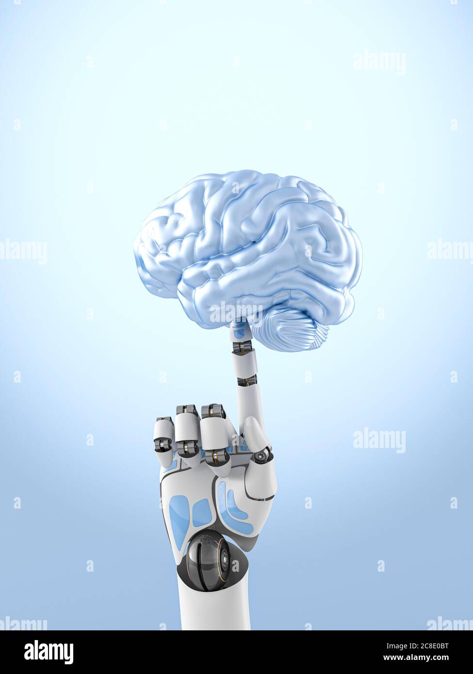 Three dimensional render of robotic arm balancing human brain on top of ...