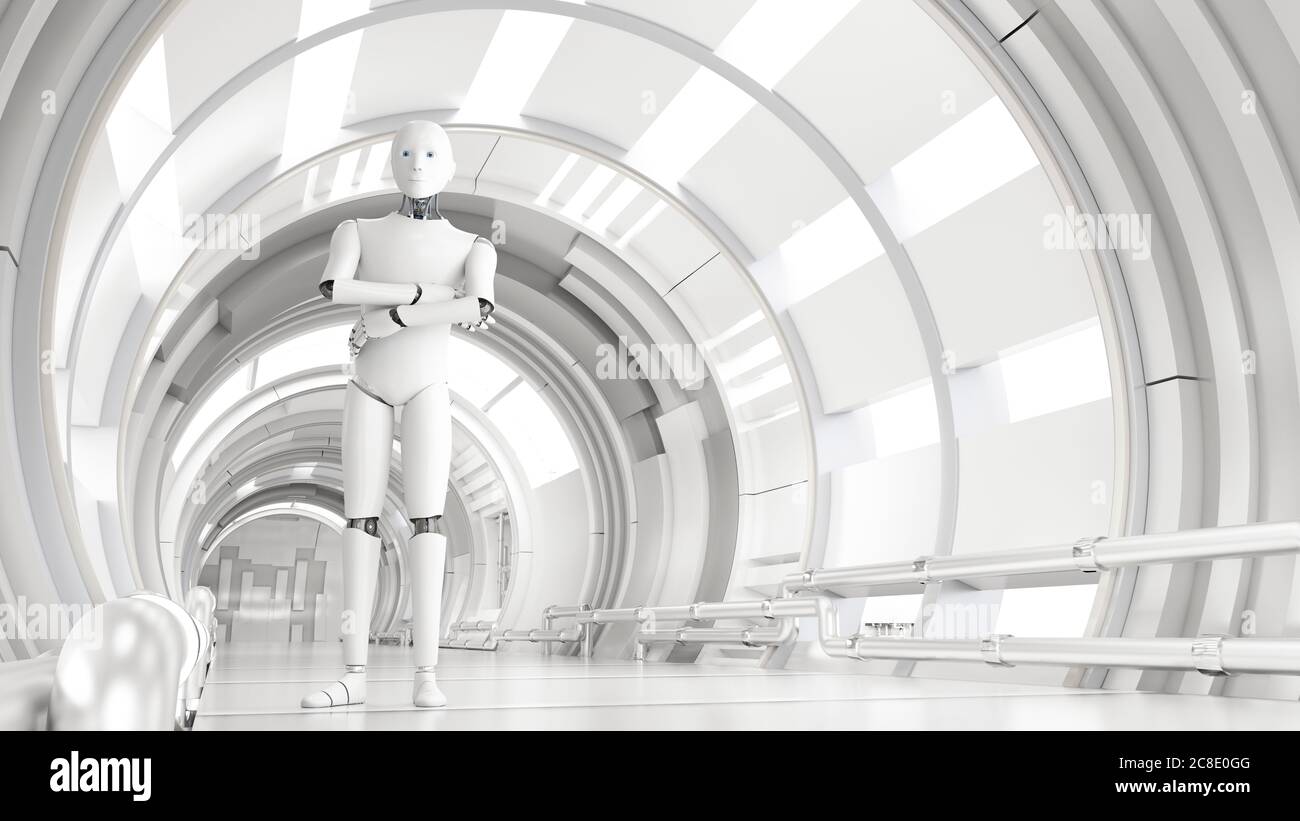 Three dimensional render of android standing with crossed arms in white ...