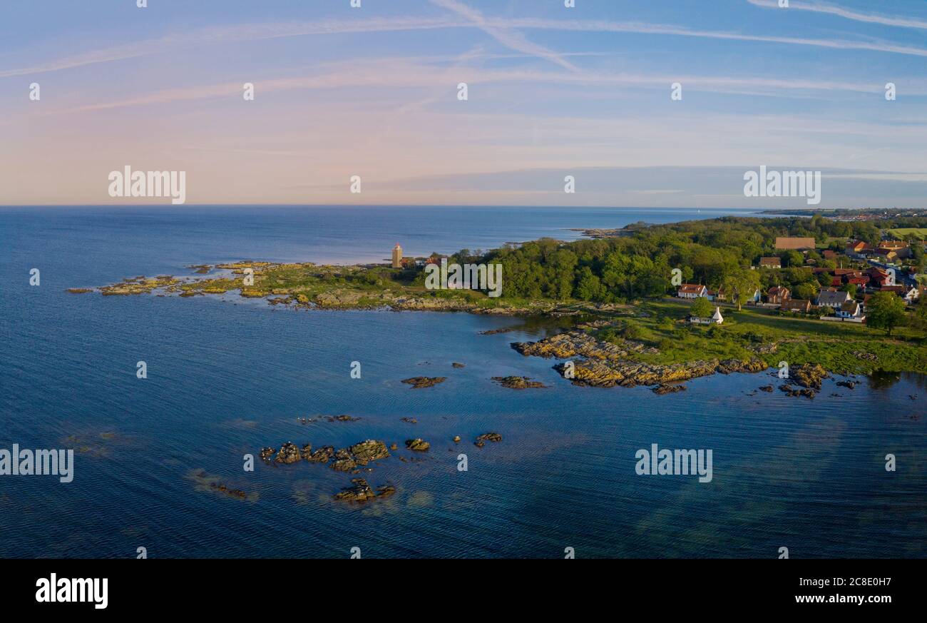 Denmark, Bornholm, Hammershus, Fortress ruins and sea at sunset Stock ...
