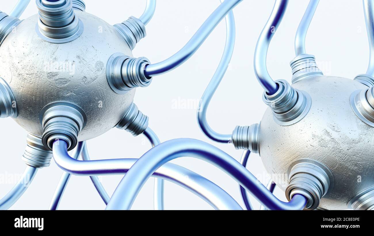 Three dimensional render of metal spheres connected with multiple tubes ...