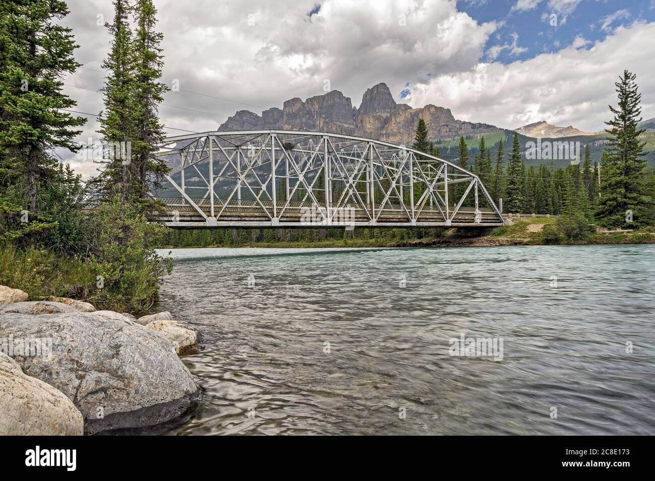 Old steel truss bridge at Castle Junction in Banff National park ...