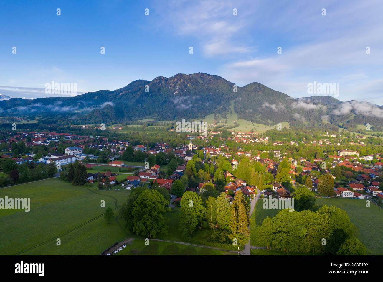 Germany, Bavaria, Lenggries, Drone view of countryside town with ...