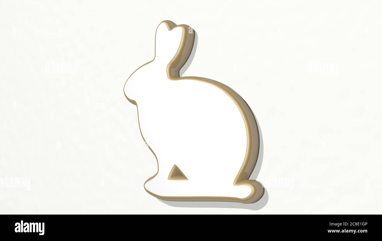rabbit made by 3D illustration of a shiny metallic sculpture on a wall ...