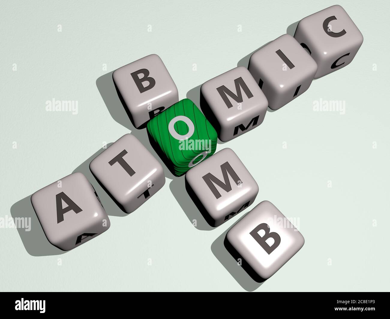 crosswords of ATOMIC BOMB arranged by cubic letters on a mirror floor ...