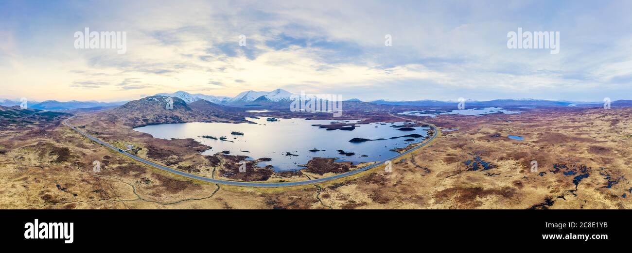 UK, Scotland, Aerial view of shore of Lochan na h-Achlaise in Rannoch ...