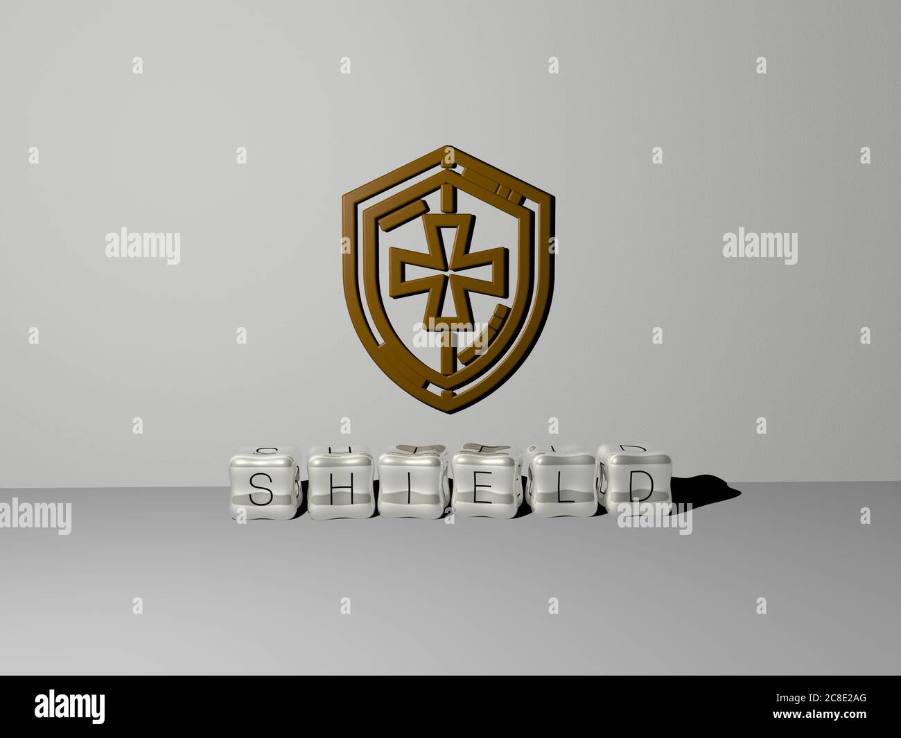 3D representation of shield with icon on the wall and text arranged by ...