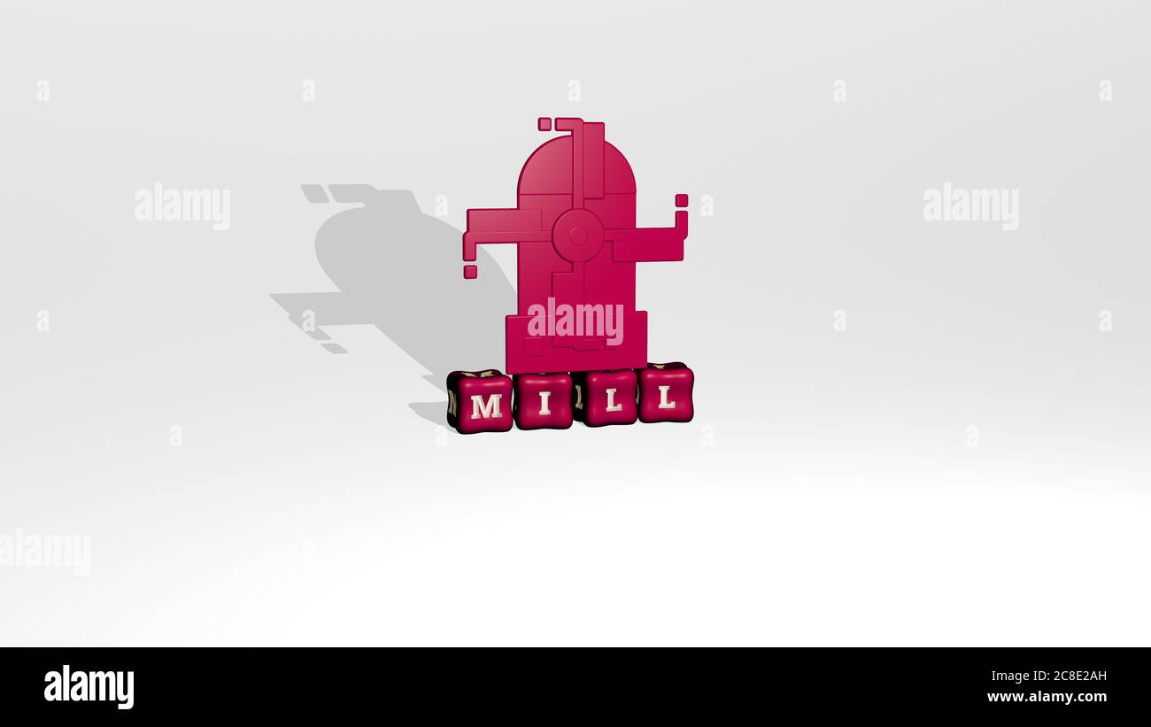 3D representation of mill with icon on the wall and text arranged by ...