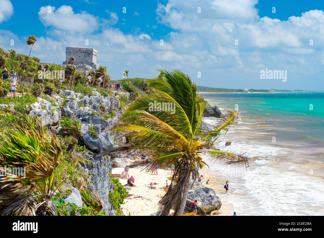 The ancient mayan city of Tulum on a cliff by the ocean in Mexico Stock ...