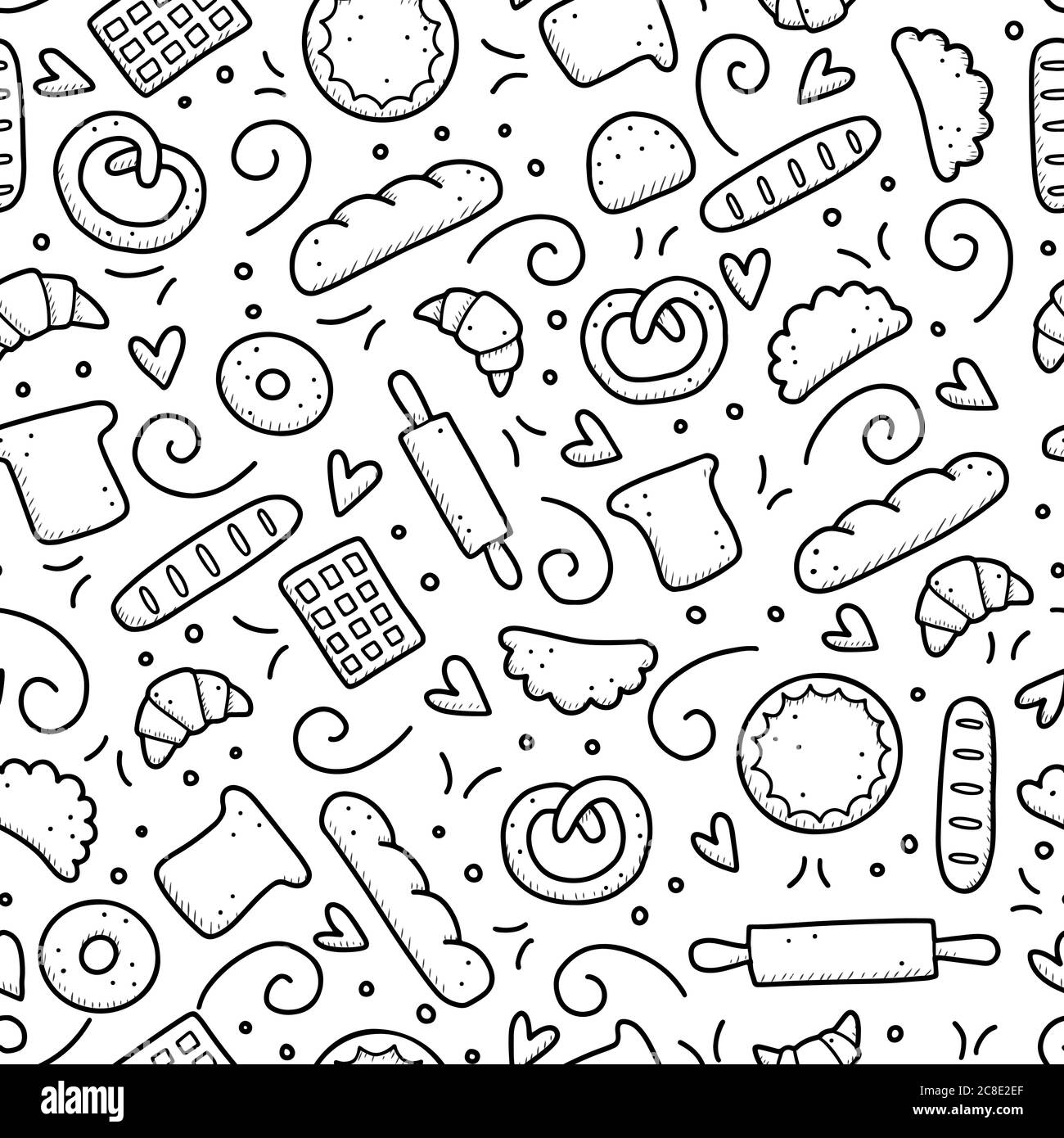 Hand drawn seamless pattern of bakery elements, bread, pastry ...