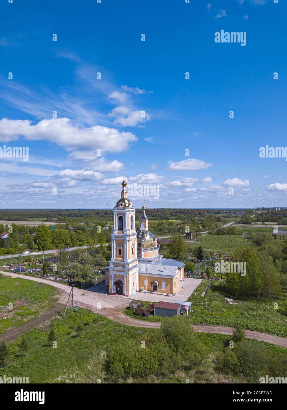 Russia, Moscow Oblast, Aerial view of countryside church in spring ...