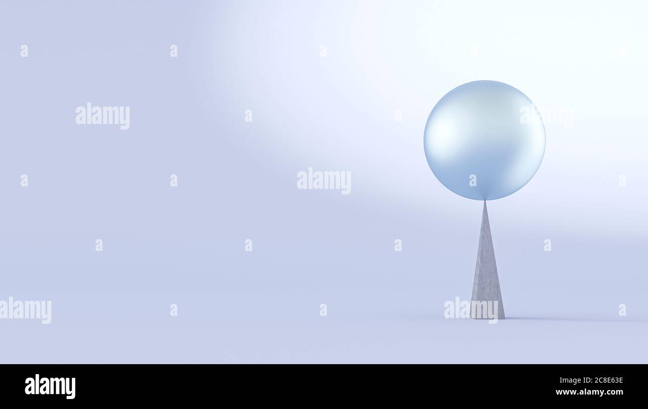 Three dimensional render of sphere balancing on top of sharp spike ...