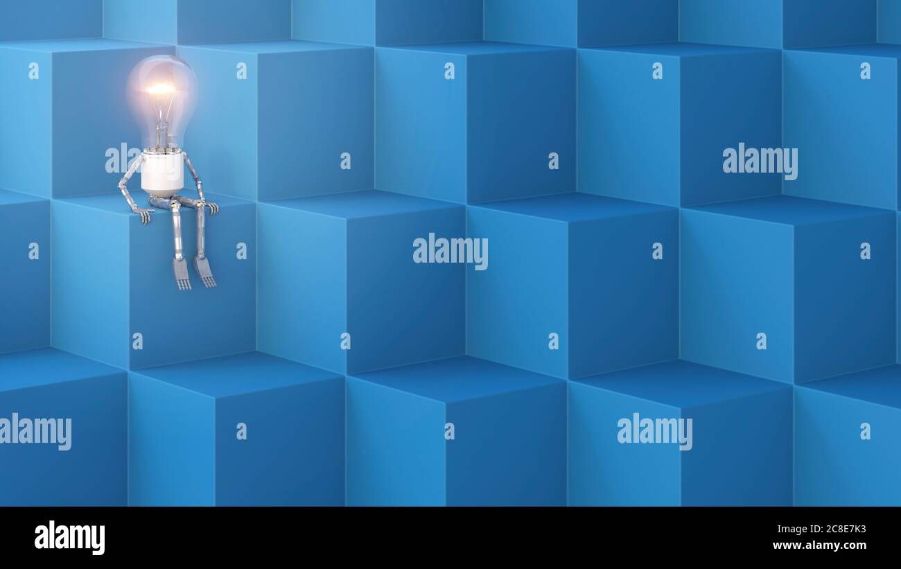 Three dimensional render of humanoid light bulb sitting on cubes Stock ...