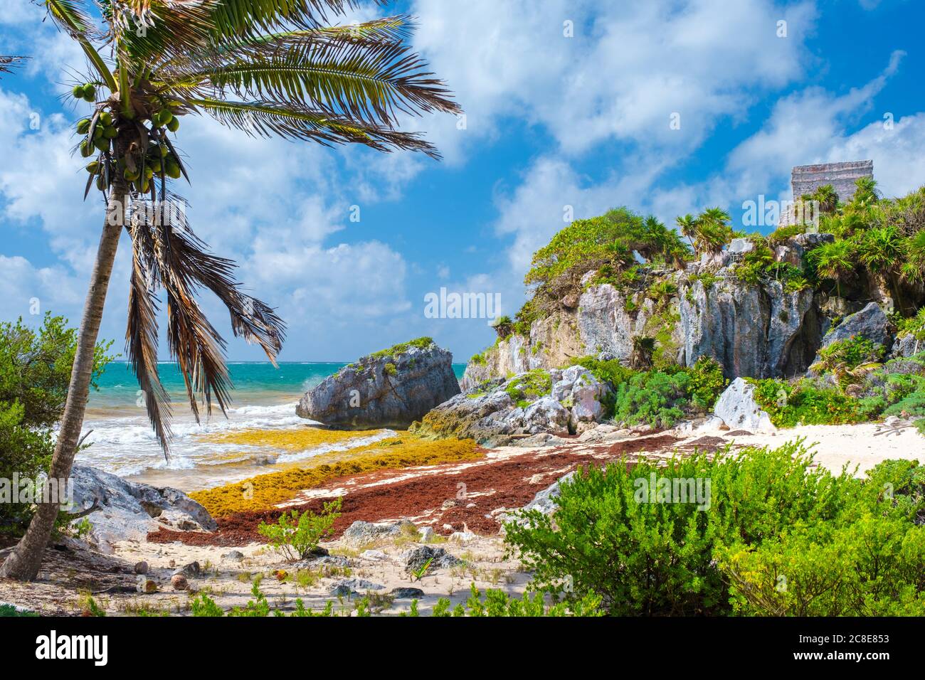 Beautiful beach and mayan ruins at the archeological site of Tulum in ...