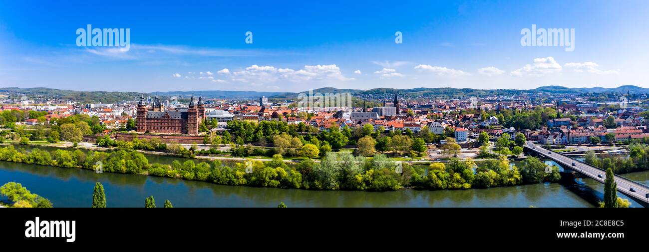 Germany, Bavaria, Aschaffenburg, Helicopter panorama of riverside town ...