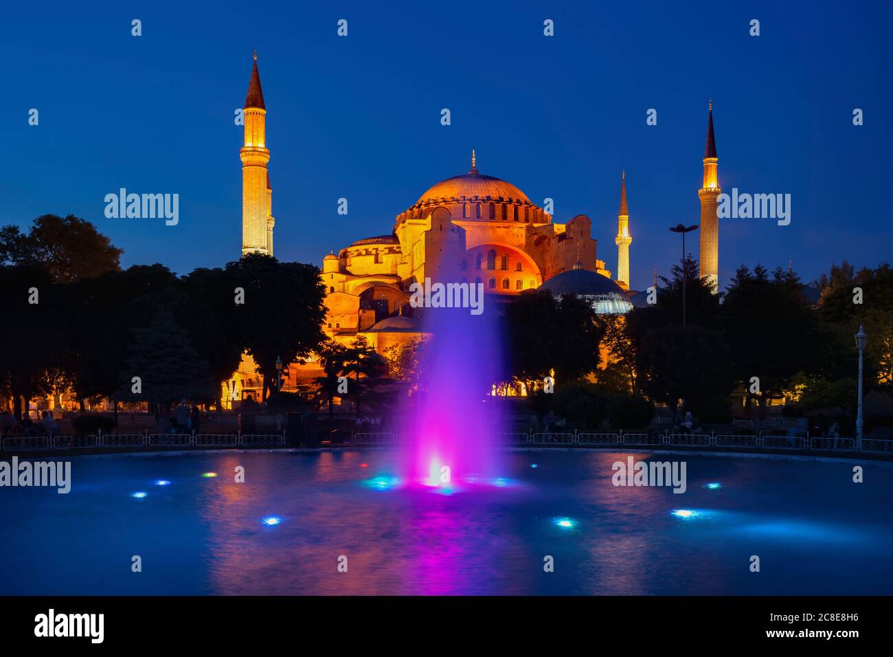 Turkey, Istanbul, Fountain in Sultan Ahmet Park at night with Hagia ...