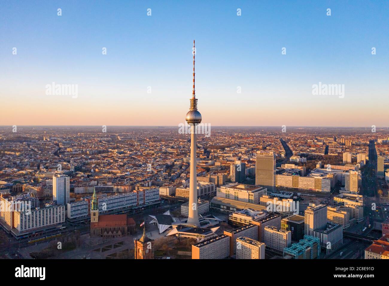 Germany, Berlin, Aerial view of Fernsehturm Berlin at dusk Stock Photo ...