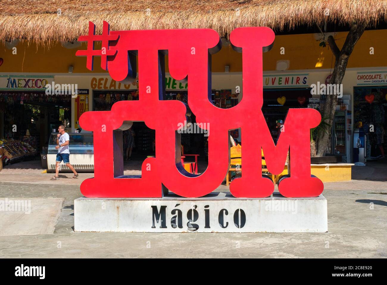 Sign at the entrance of a traditional souvenirs shop at Tulum in the ...