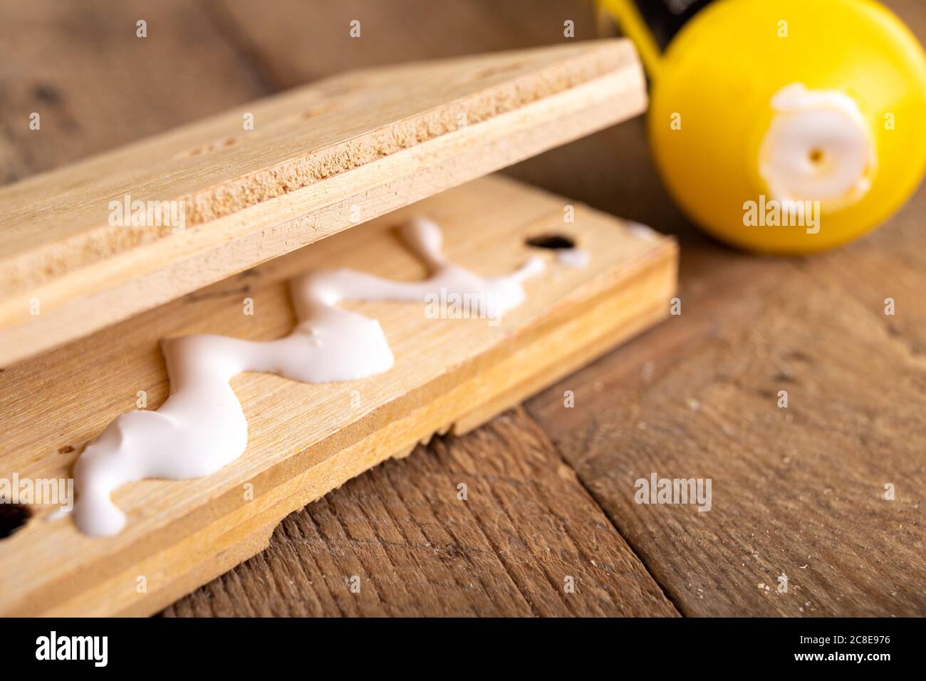 Gluing wood with carpentry glue. Minor carpentry work in a home workshop. Light background Stock ...