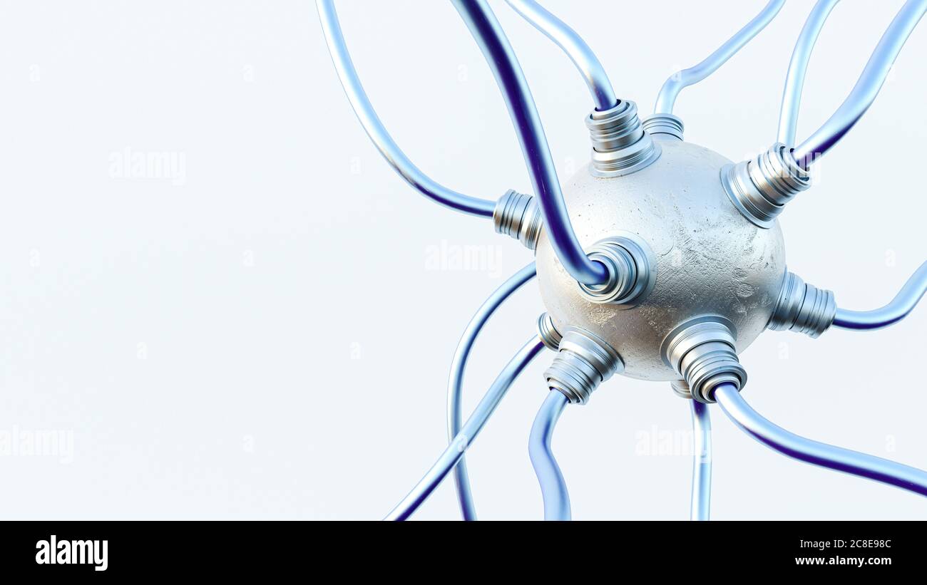 Three dimensional render of metal sphere connected with multiple tubes ...