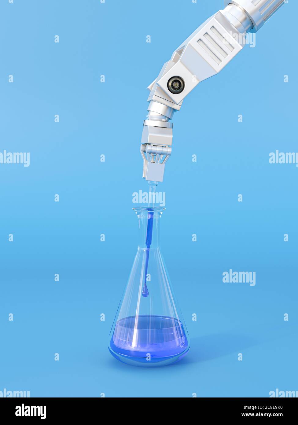 Three dimensional render of robotic arm pipetting blue liquid into vial ...